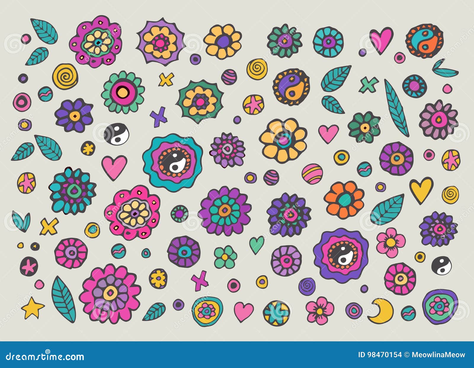 Set of Colorful Hippie Flowers Stock Vector - Illustration of ...