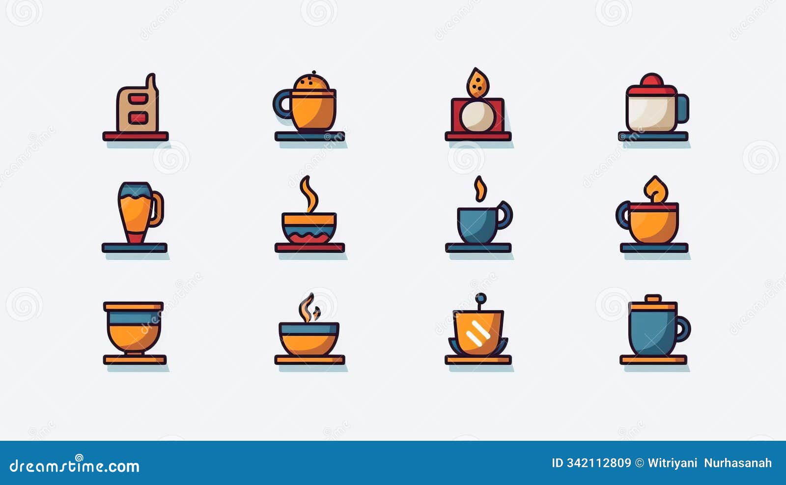 Set of 12 Colorful Icons, Depicting Different Types of Cups and Mugs ...