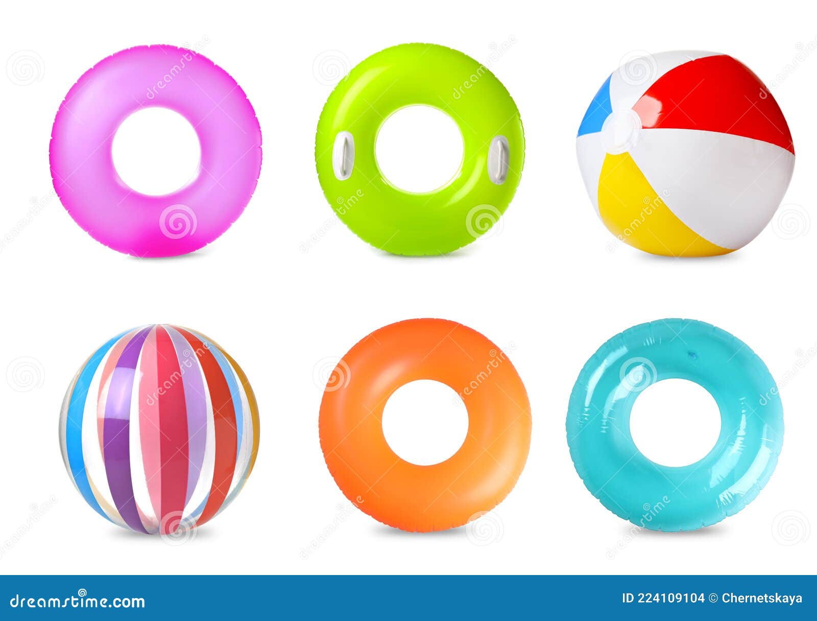 Set with Colorful Inflatable Rings and Balls on White Background Stock ...