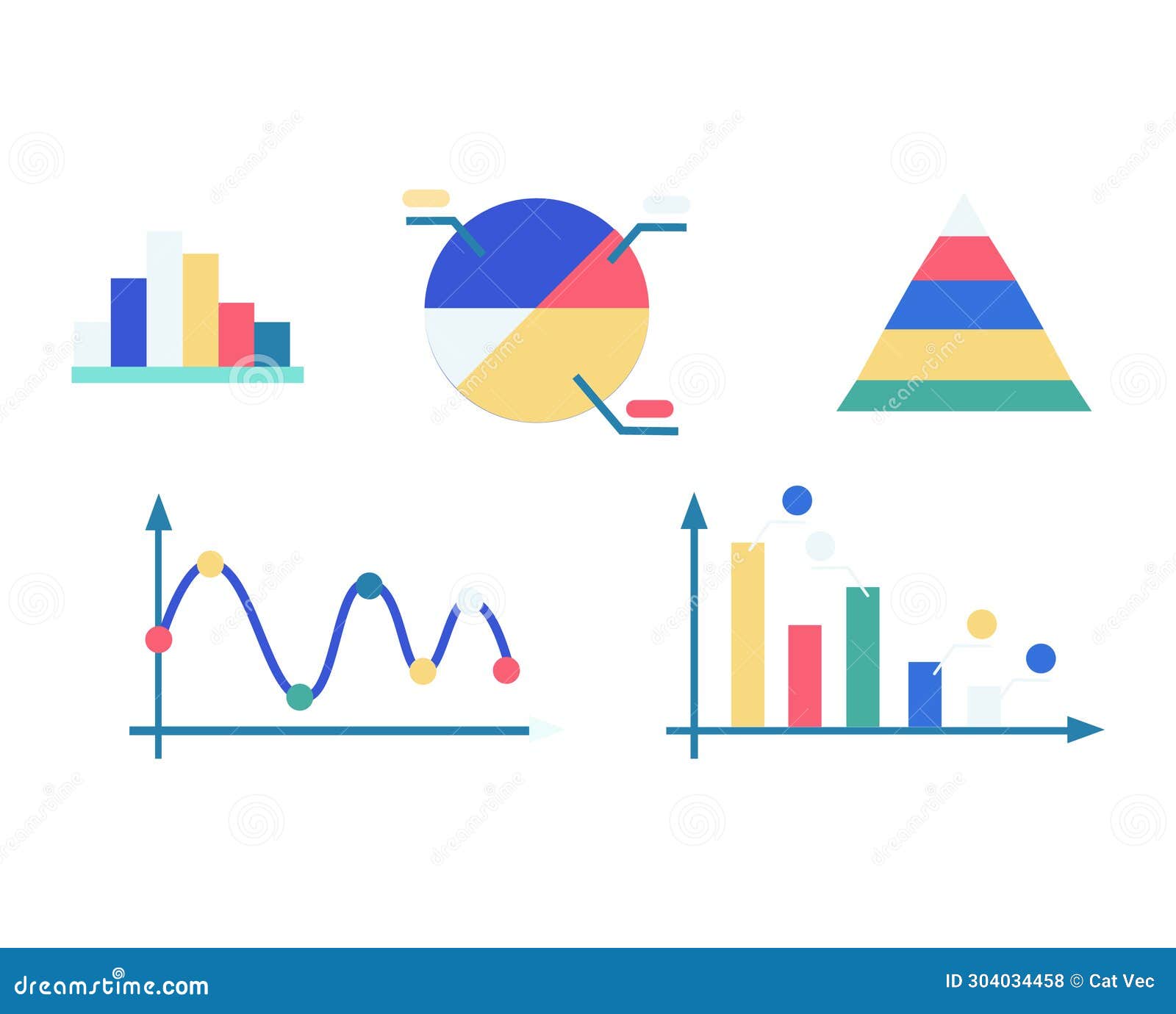 Set of Colorful Infographic Elements Including Bar Graph, Pie Chart, Line Graph, and Pyramid ...
