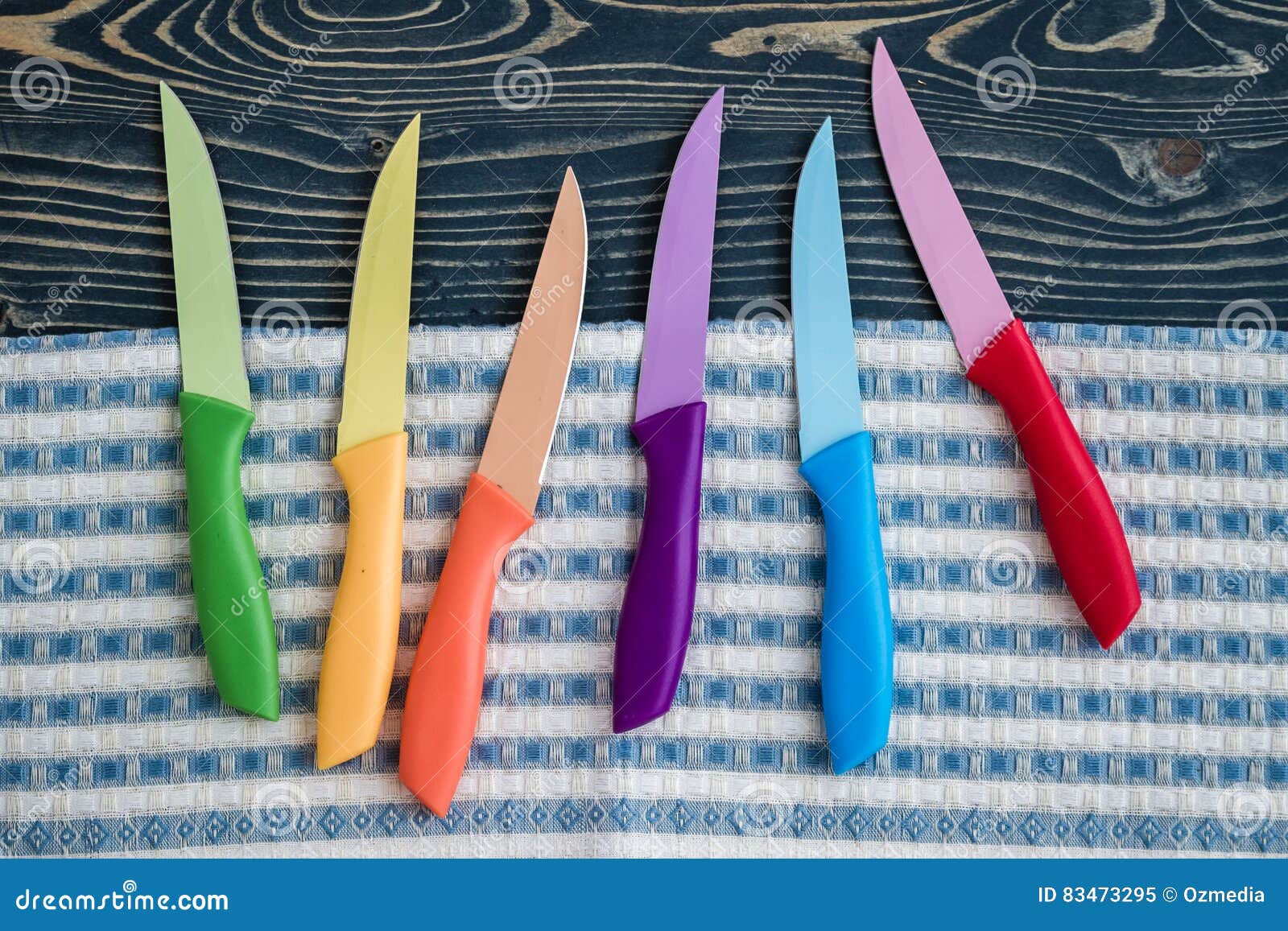 Set of Colorful Kitchen Knives on a Napkin Stock Image - Image of knife ...