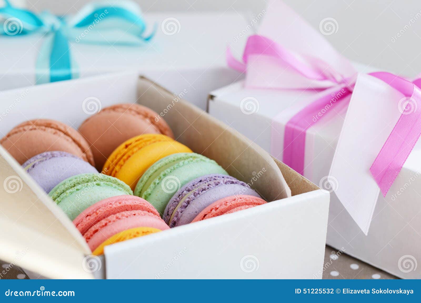 Set of Colorful Macaroon and Gift Boxes with Ribbon and Bow Stock Photo ...