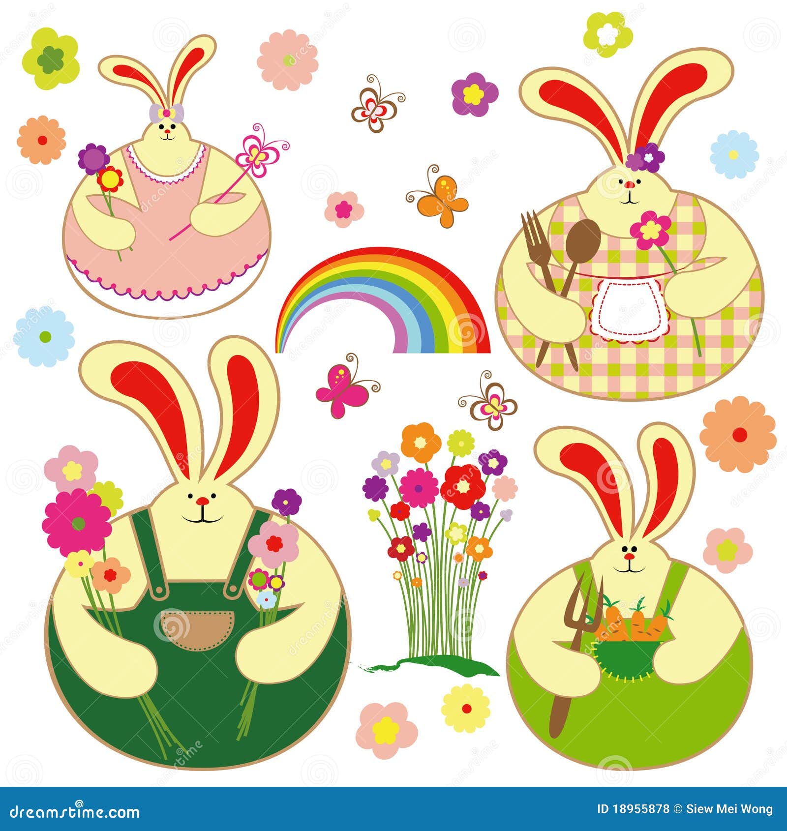 Set of Colorful Rabbit and Springtime Floral Stock Vector ...