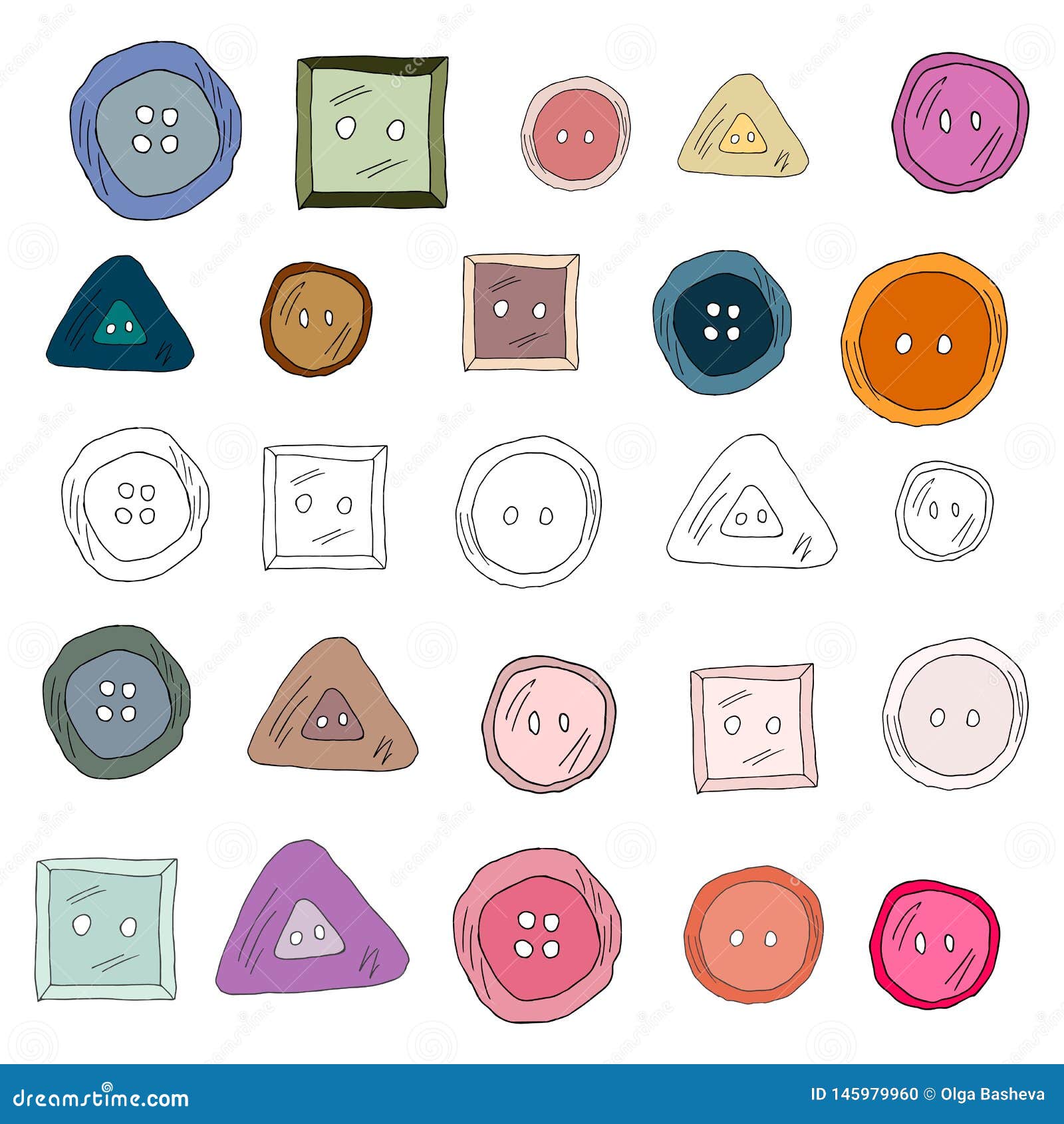 Set of Colorful Sewing Buttons. Doodle Hand Drawn Illustration Vector ...