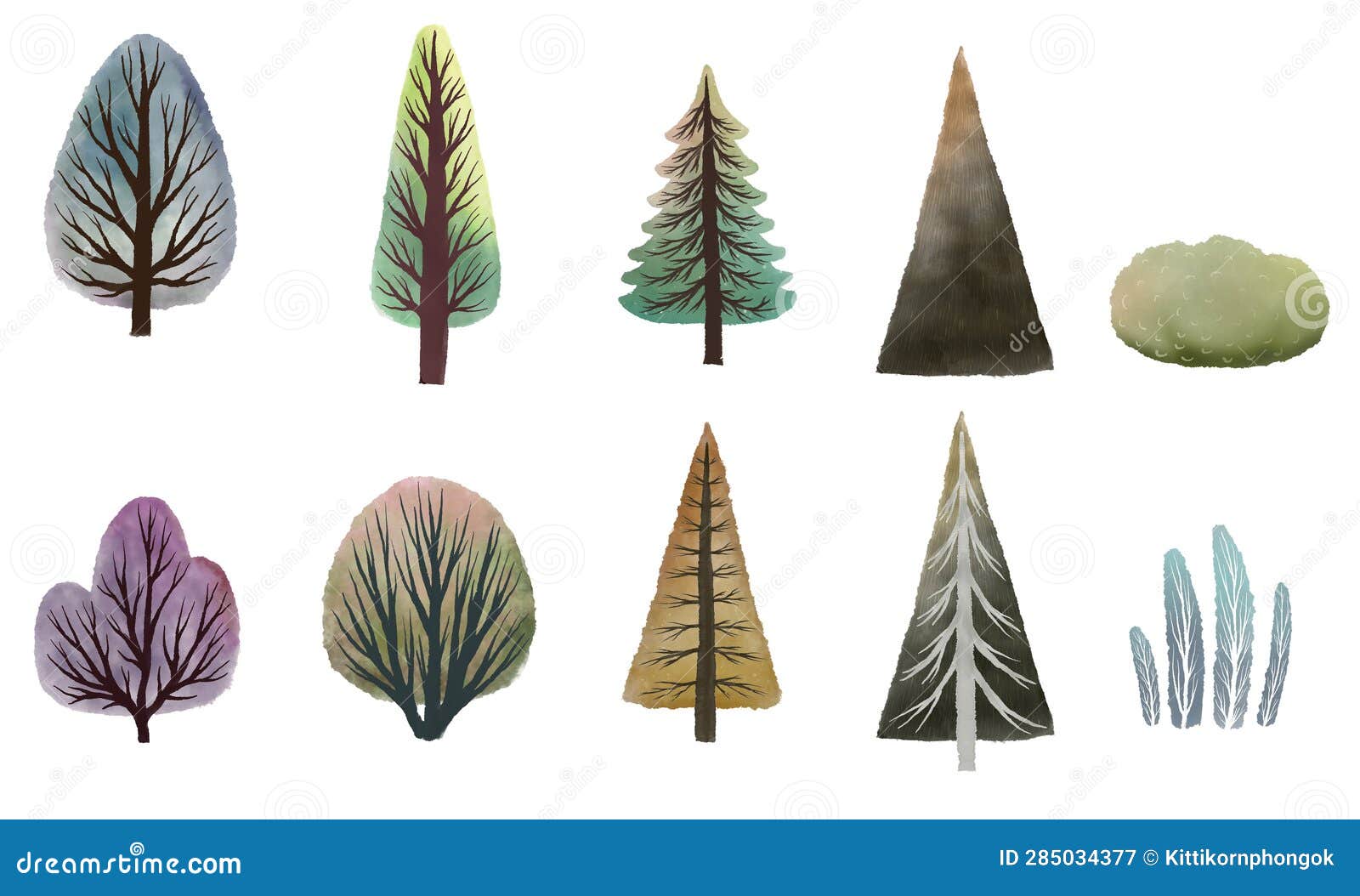 Set of Colorful Side View Trees Isolated on White Background ...