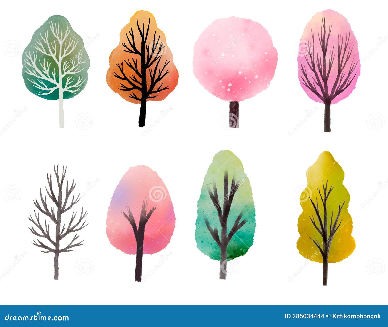 Set of Colorful Side View Trees Isolated on White Background ...