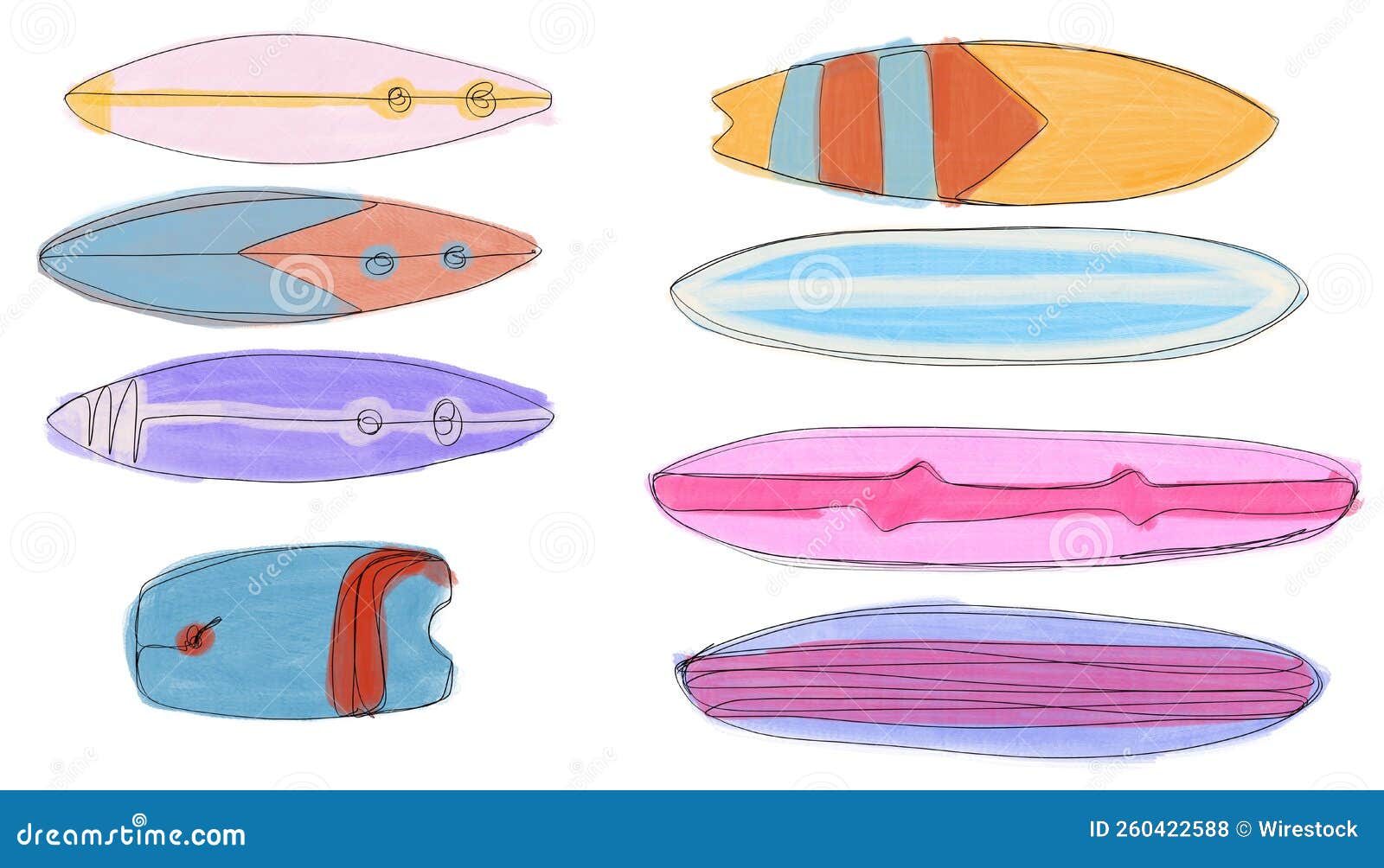 Set of Colorful Surf Board Drawings Stock Illustration - Illustration ...