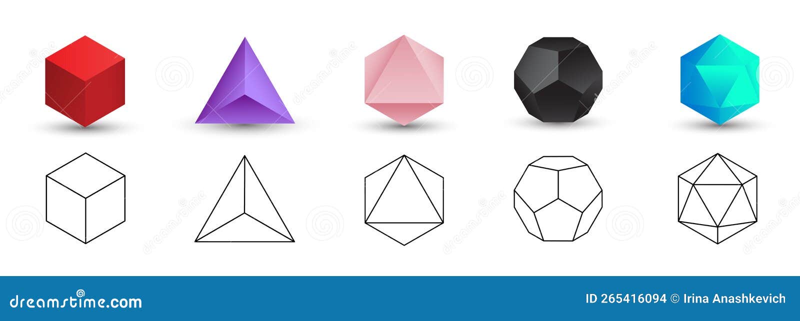 Set of Colorful Vector Editable 3D Platonic Solids Isolated on White ...