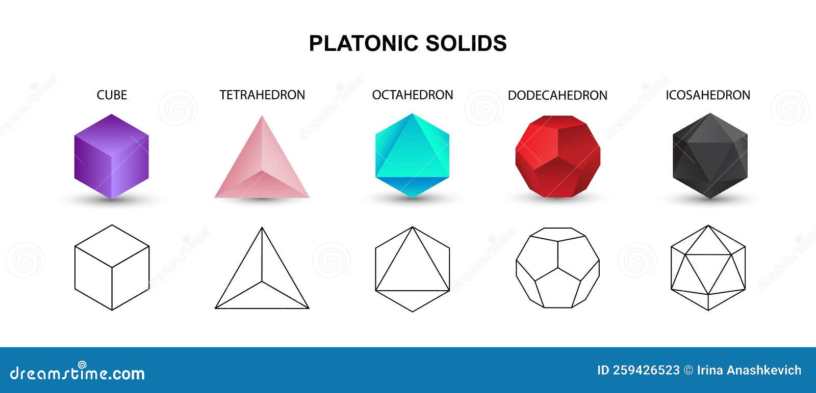 Set of Colorful Vector Editable 3D Platonic Solids Isolated on White ...
