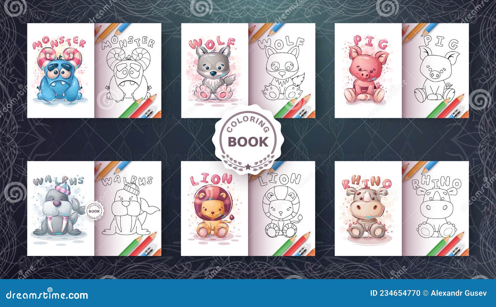 Set Coloring Book Cartoon Character Stock Vector - Illustration of ...