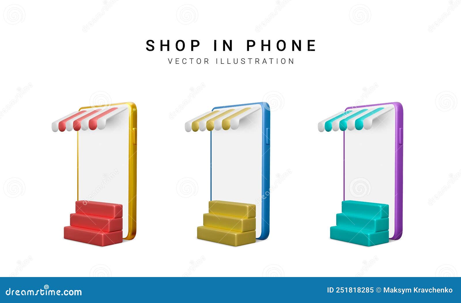 Set of Colour 3d Realistic Store in Your Phone on White Background ...