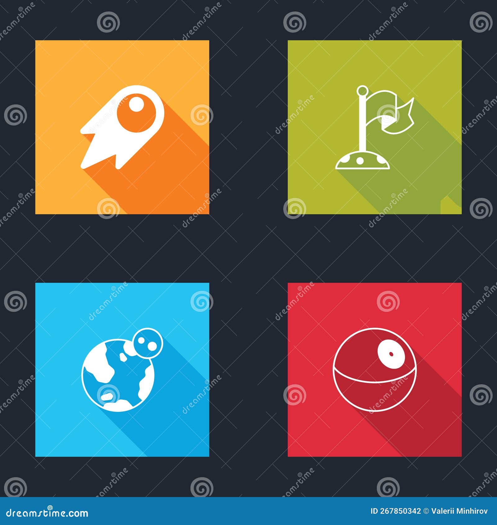 Set Comet Falling Down Fast, Moon with Flag, Earth Globe and Planet ...