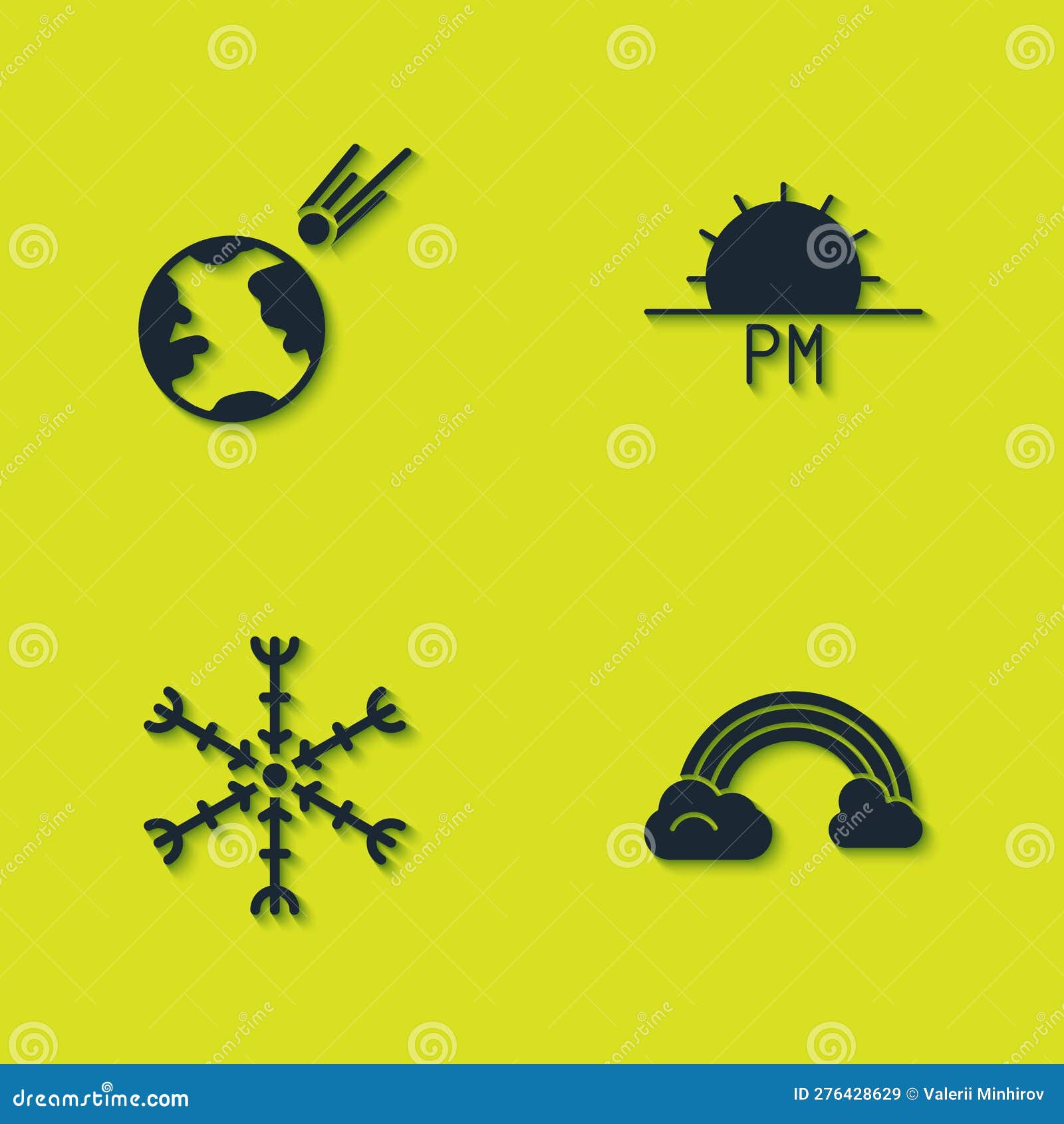 Set Comet Falling Down Fast, Rainbow with Clouds, Snowflake and Sunset ...
