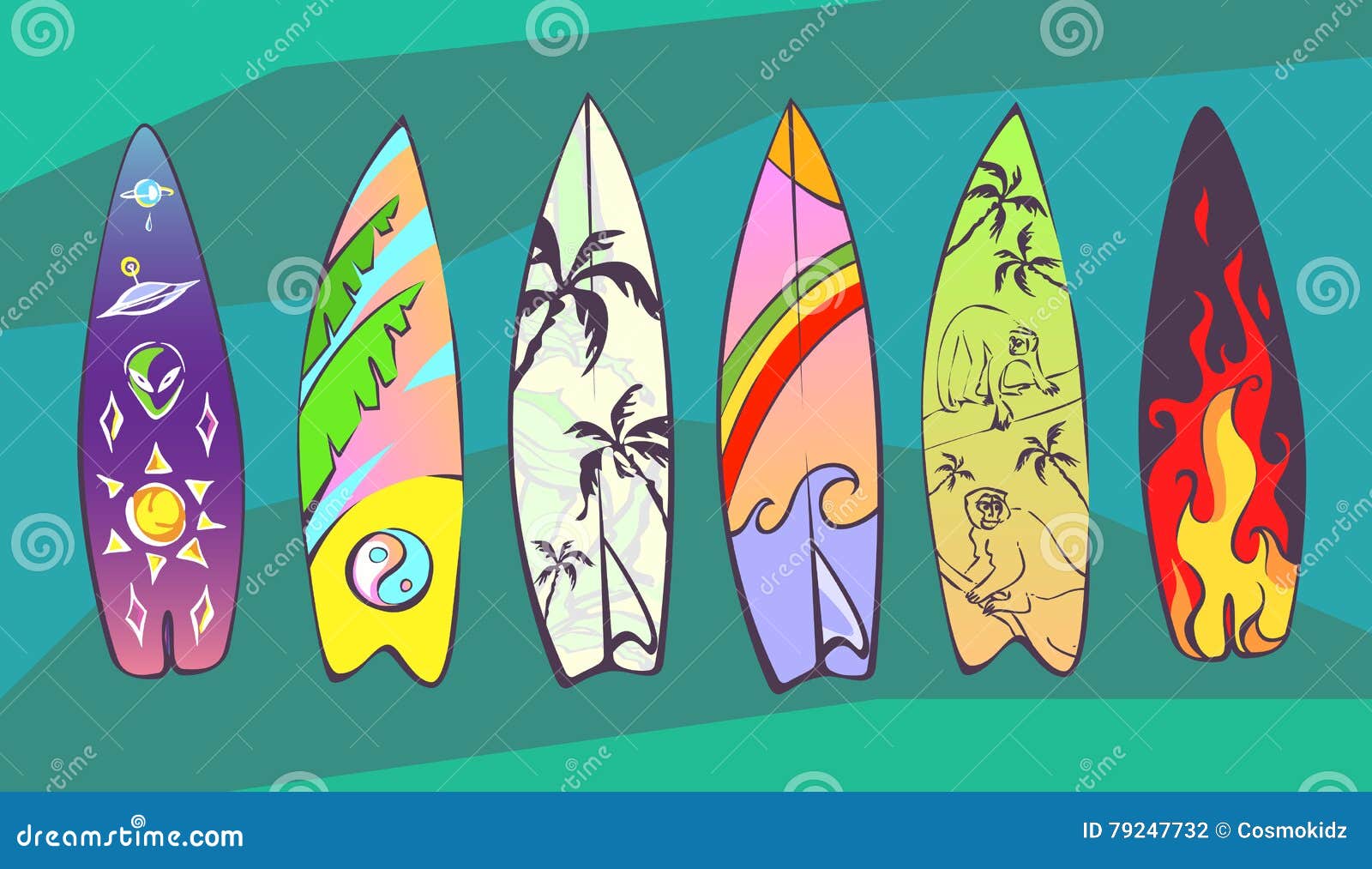 Set of Comic Cartoon Surfboards with Original Design. Vector ...