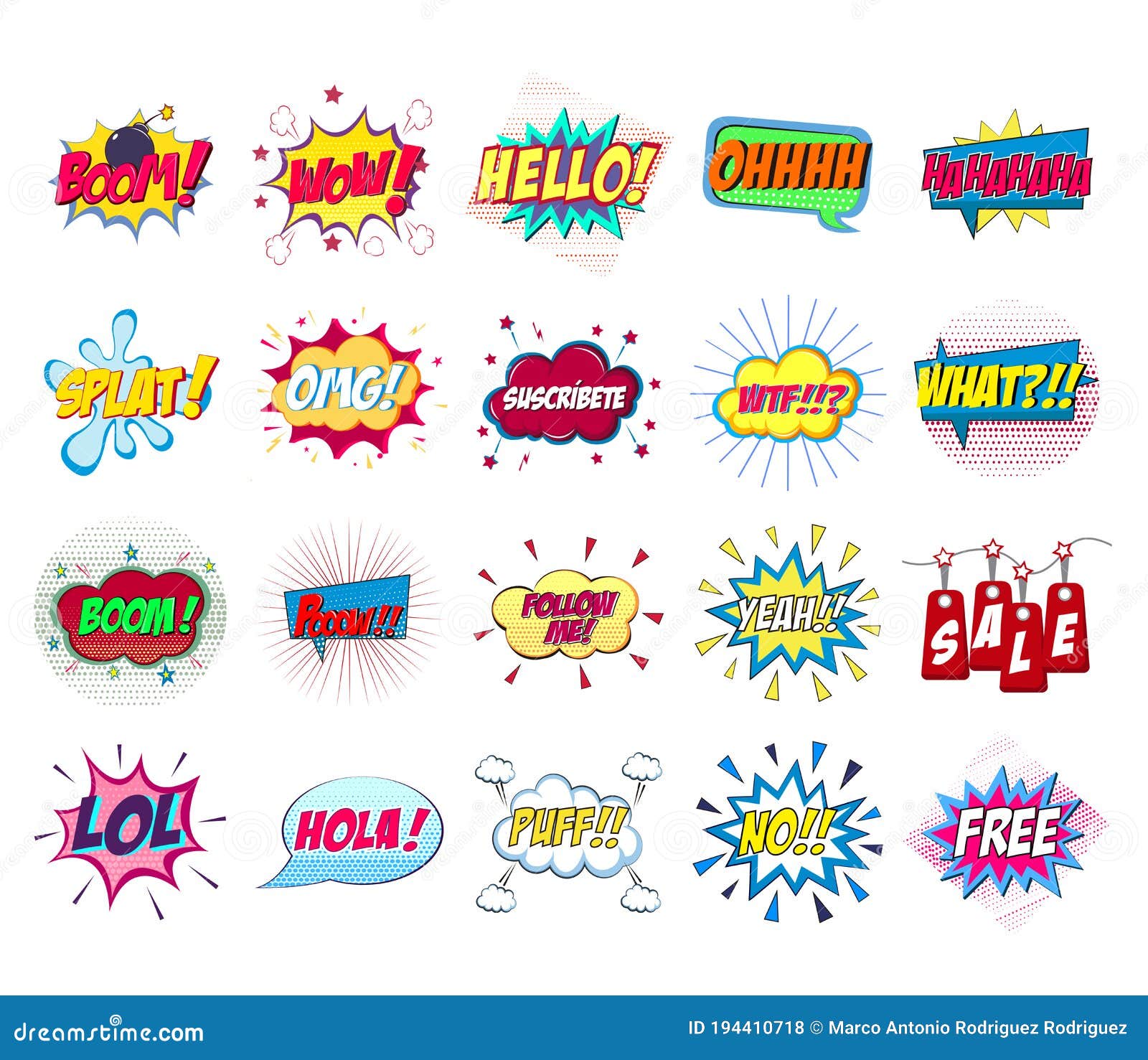 Set of comic expressions stock vector. Illustration of retro - 194410718