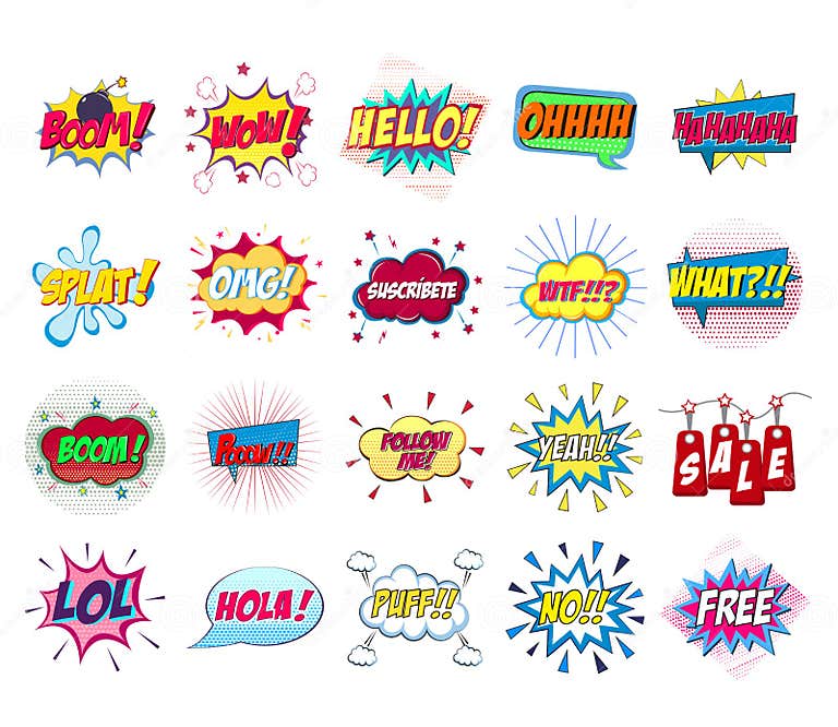 Set of comic expressions stock vector. Illustration of retro - 194410718