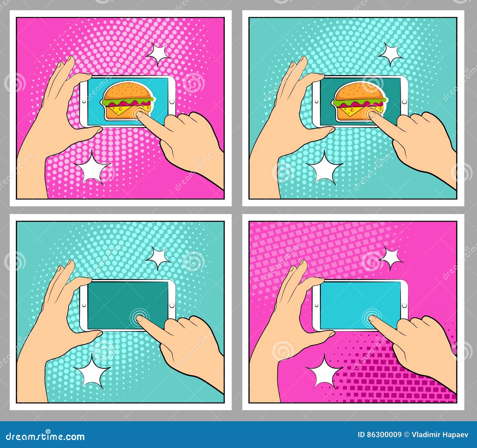 Set Comic Smartphone Phone with Halftone Shadows. Hand Holding ...