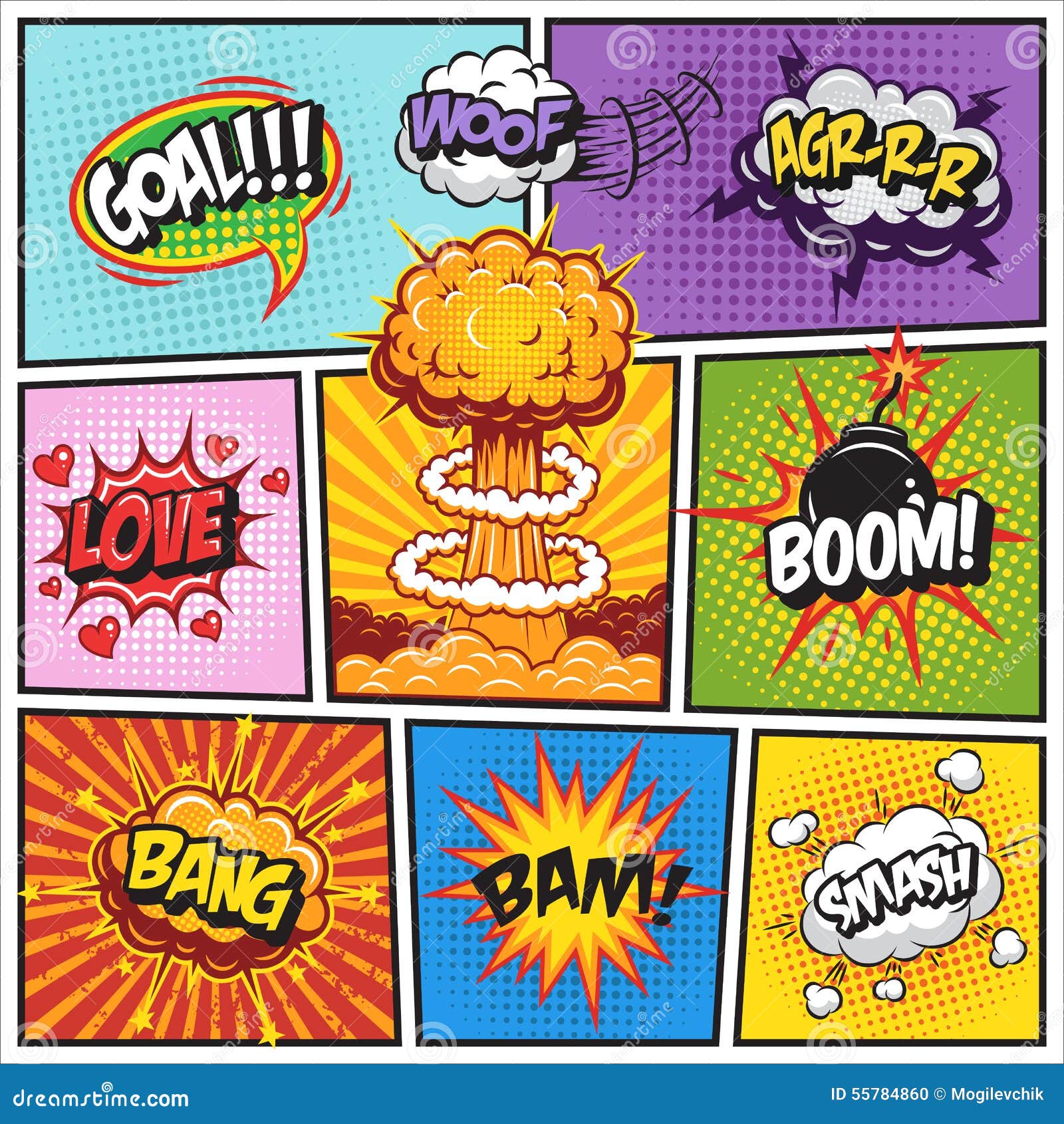 Set Of Comics Speech And Explosion Bubbles On A Book Page Background ...