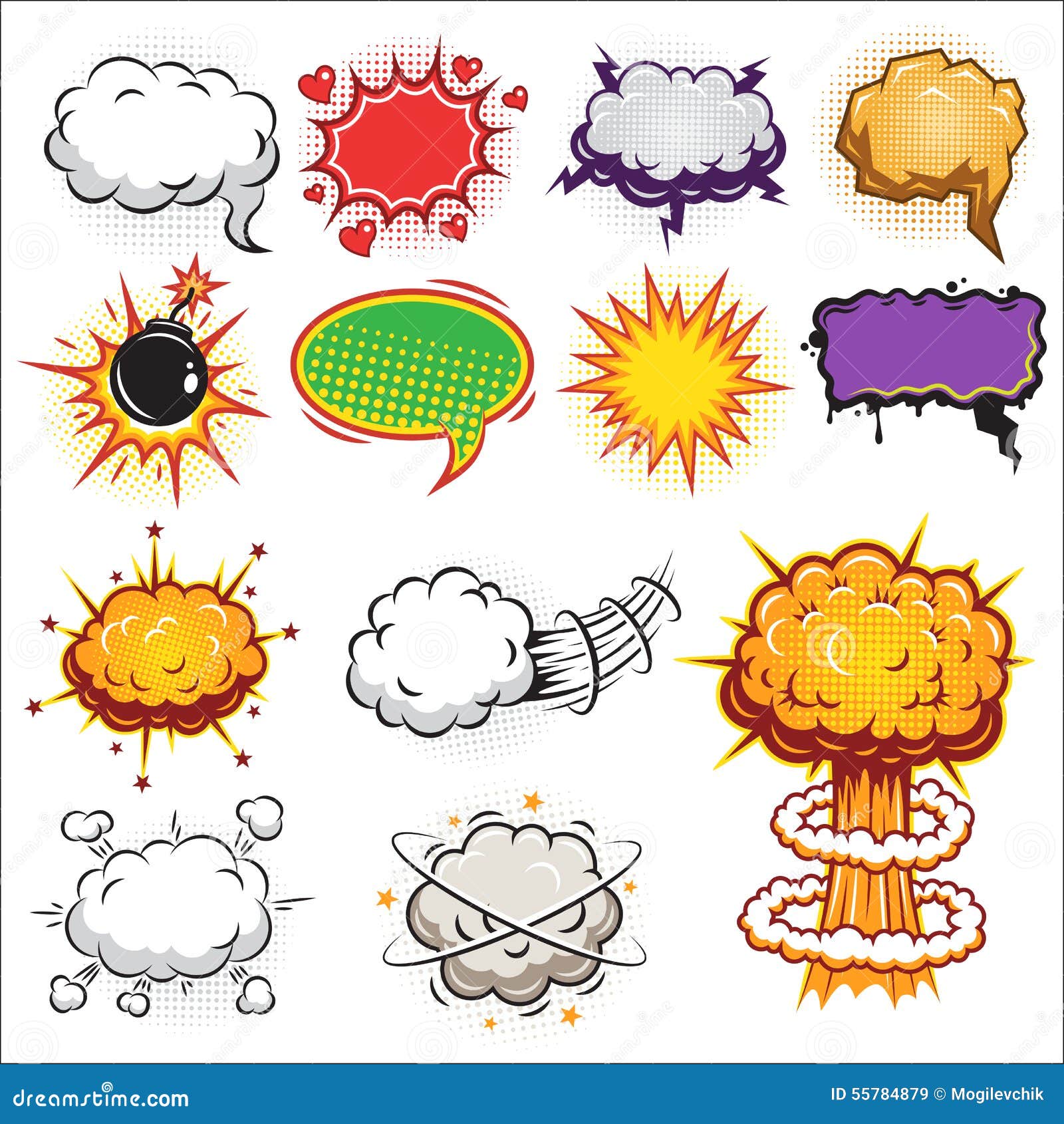 Set Of Comics Speech And Explosion Bubbles On A Book Page Background ...