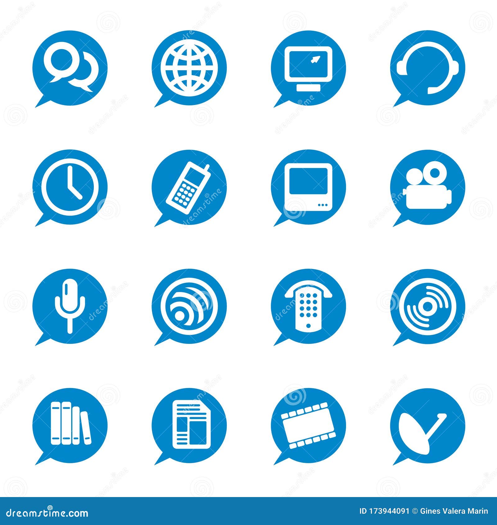 Set of 16 Communication Bubble Icons in Blue Stock Illustration ...