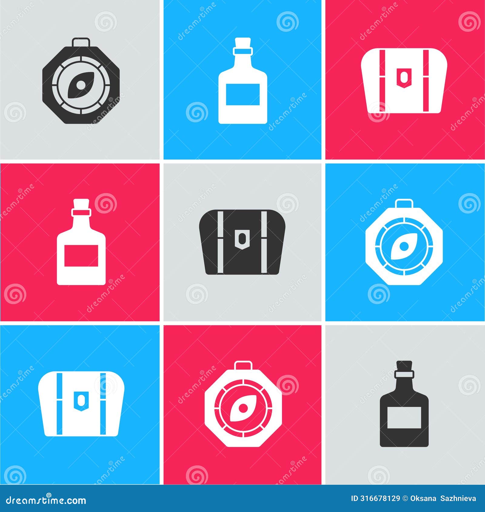 Set Compass Alcohol Bebe Ron Y Arca Del Tesoro Antiguo. Vector Stock de ...