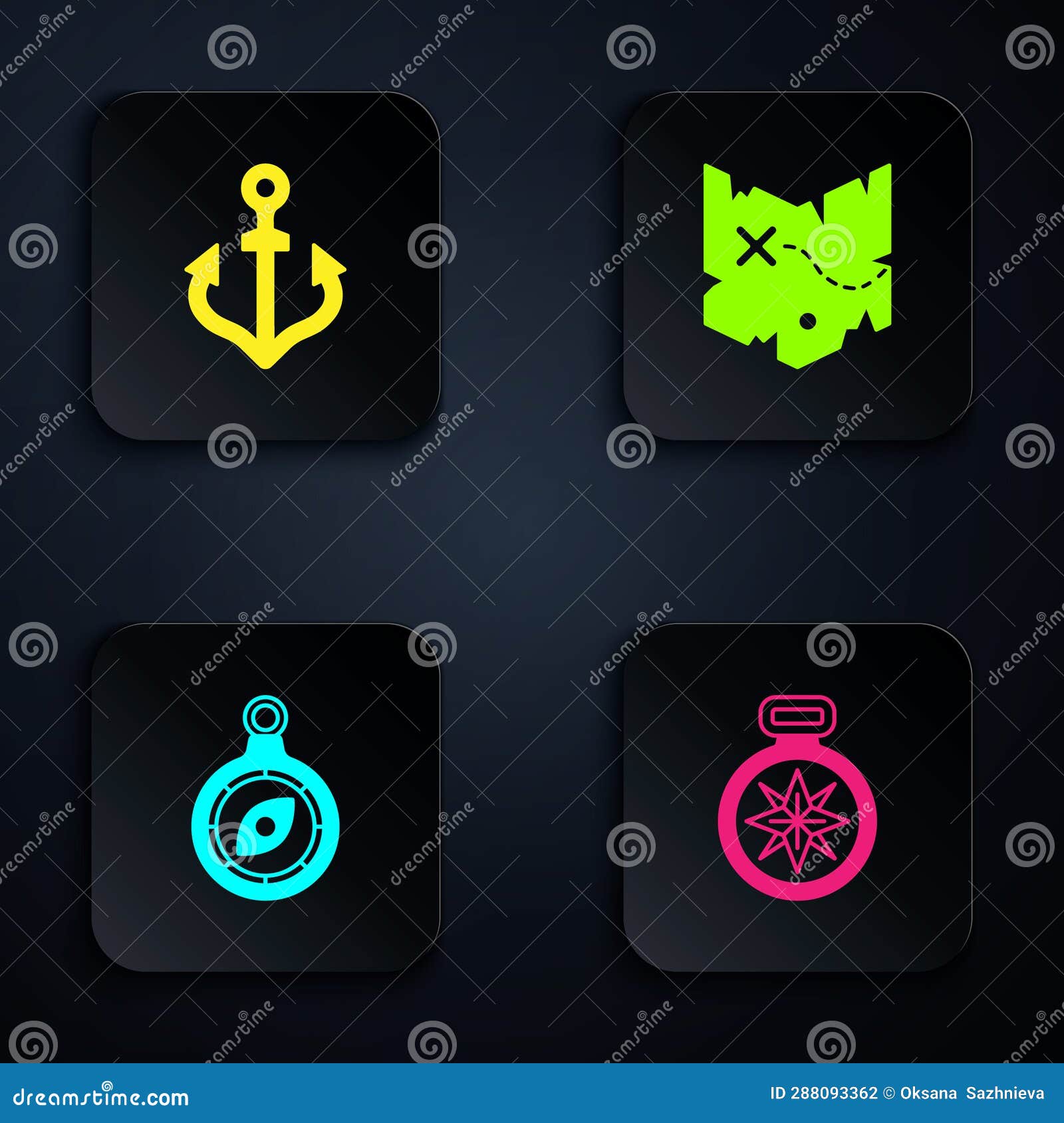 Set Compass, Anchor, and Pirate Treasure Map. Black Square Button Stock ...