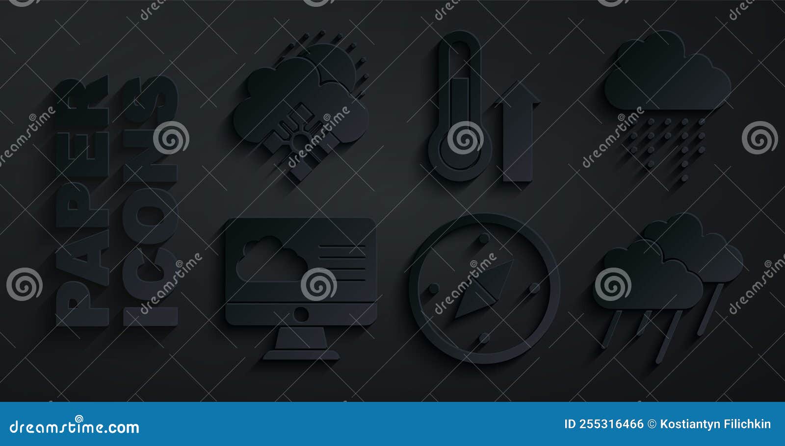 Set Compass, Cloud with Rain, Weather Forecast, Meteorology Thermometer ...