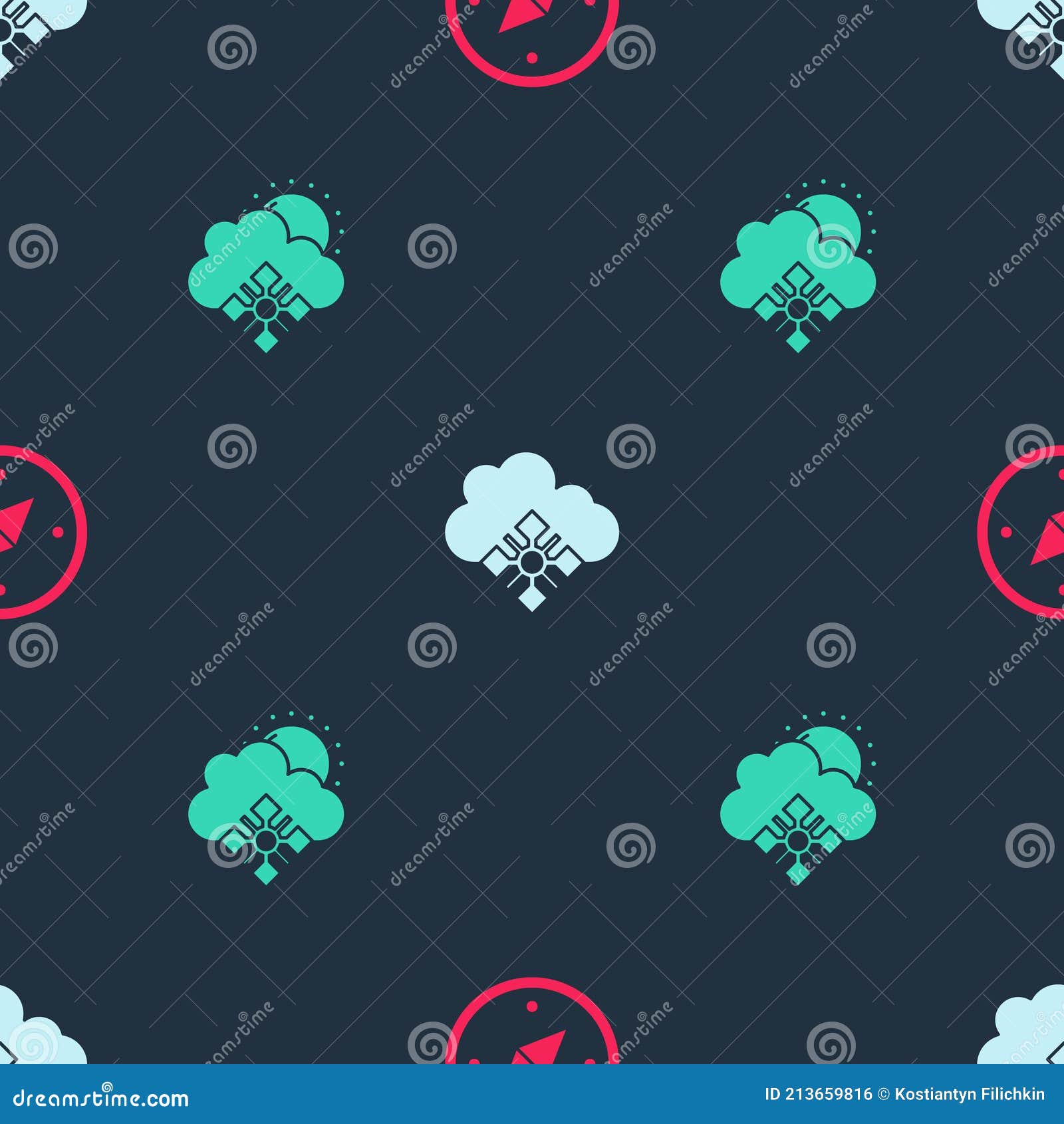 Set Compass, Cloud with Snow and and Sun on Seamless Pattern. Vector ...