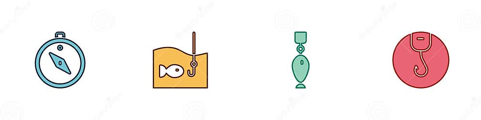Set Compass, Fishing Hook with Fish, Spoon and Icon. Vector Stock ...