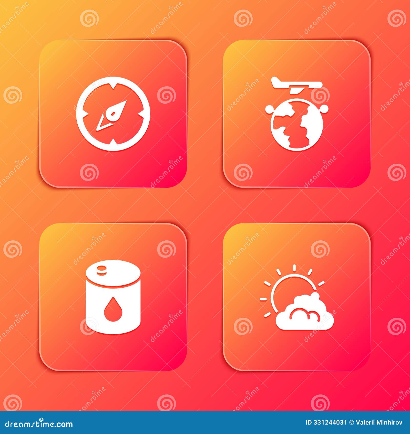 Set Compass, Globe with Flying Plane, Barrel Oil and Sun and Cloud ...