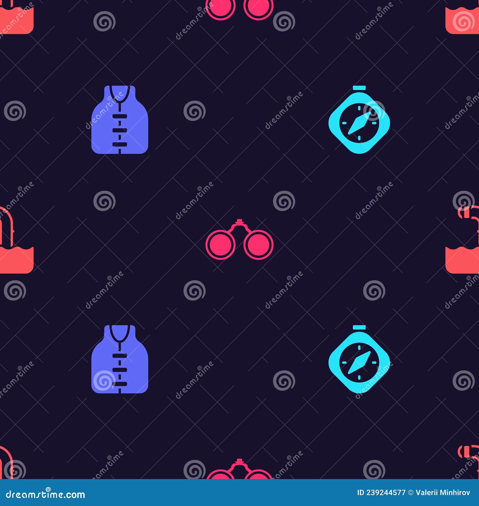 Set Compass, Life Jacket, Binoculars and Periscope on Seamless Pattern ...