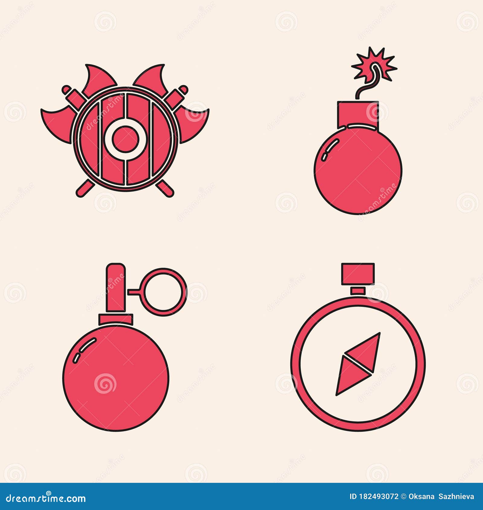 Set Compass, Medieval Shield with Crossed Axes, Bomb Ready To Explode ...