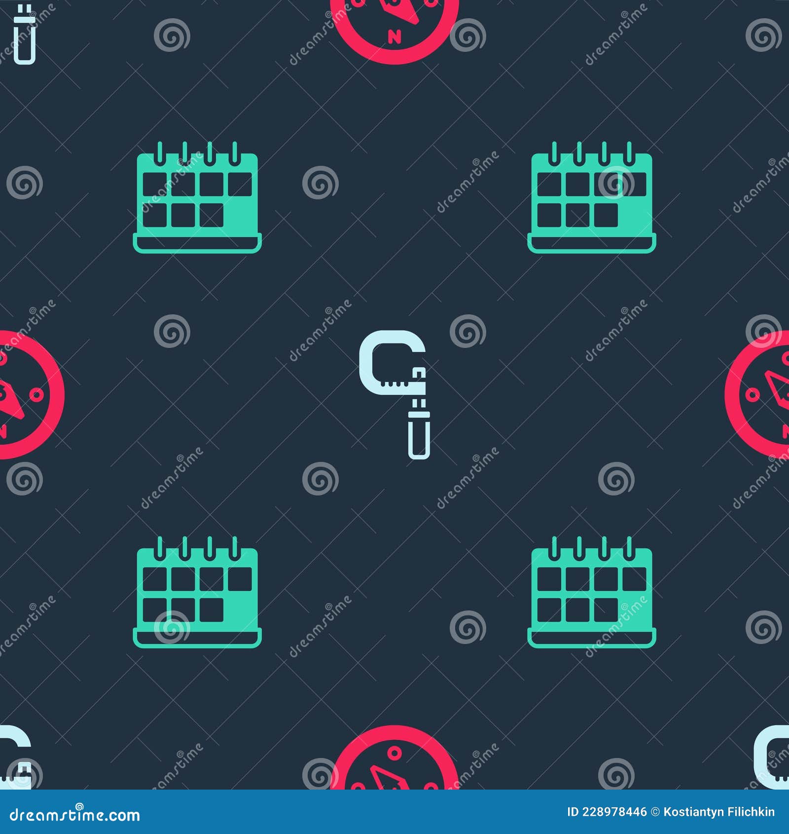 Set Compass, Micrometer and Calendar on Seamless Pattern. Vector Stock ...