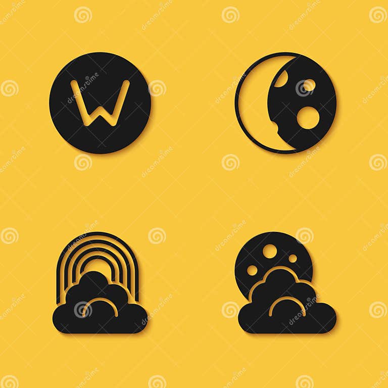 Set Compass North, Cloud with Moon, Rainbow Cloud and Moon Phases Icon ...