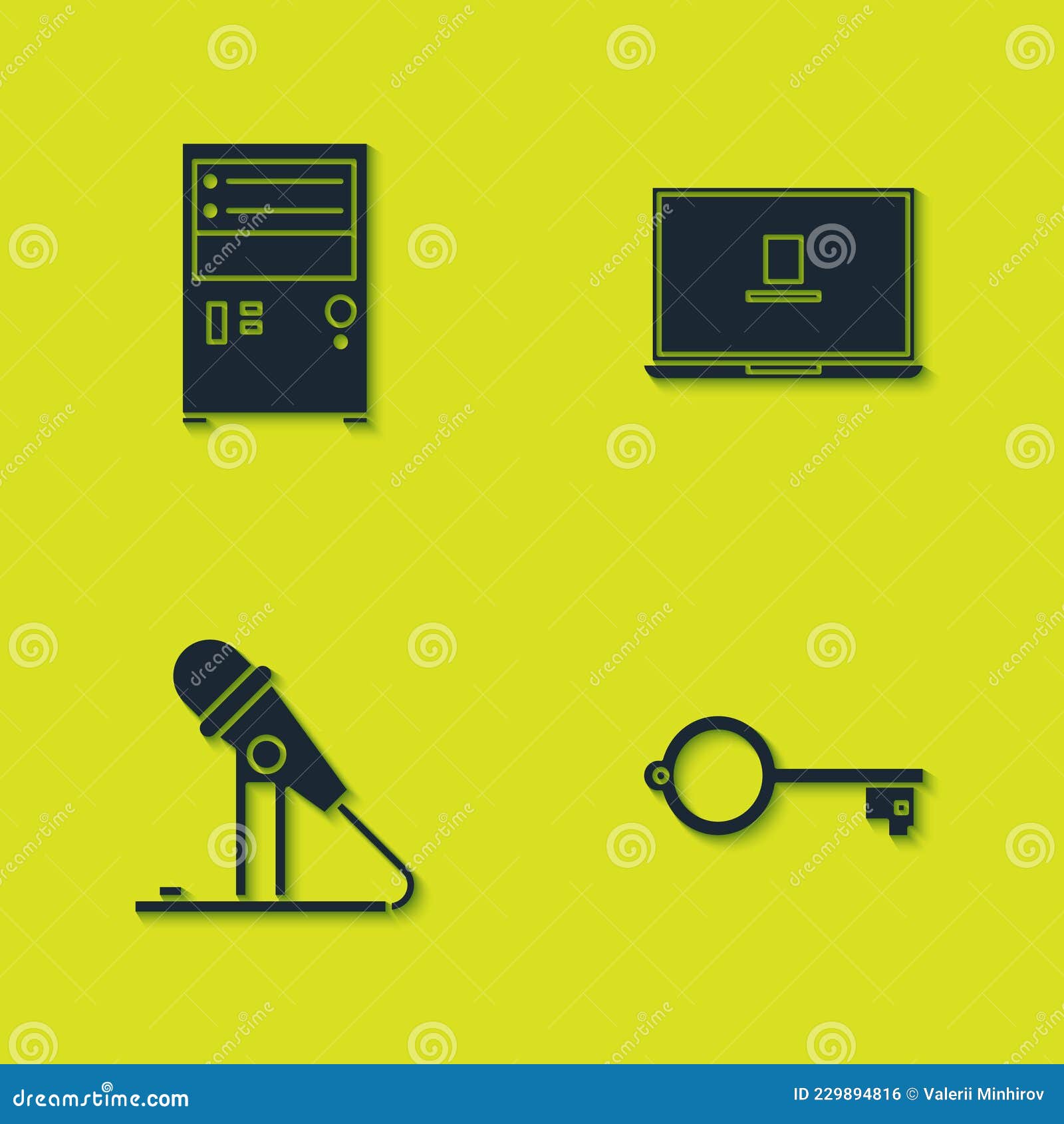 Set Computer, Ancient Key for Game, Microphone and Laptop Icon. Vector ...