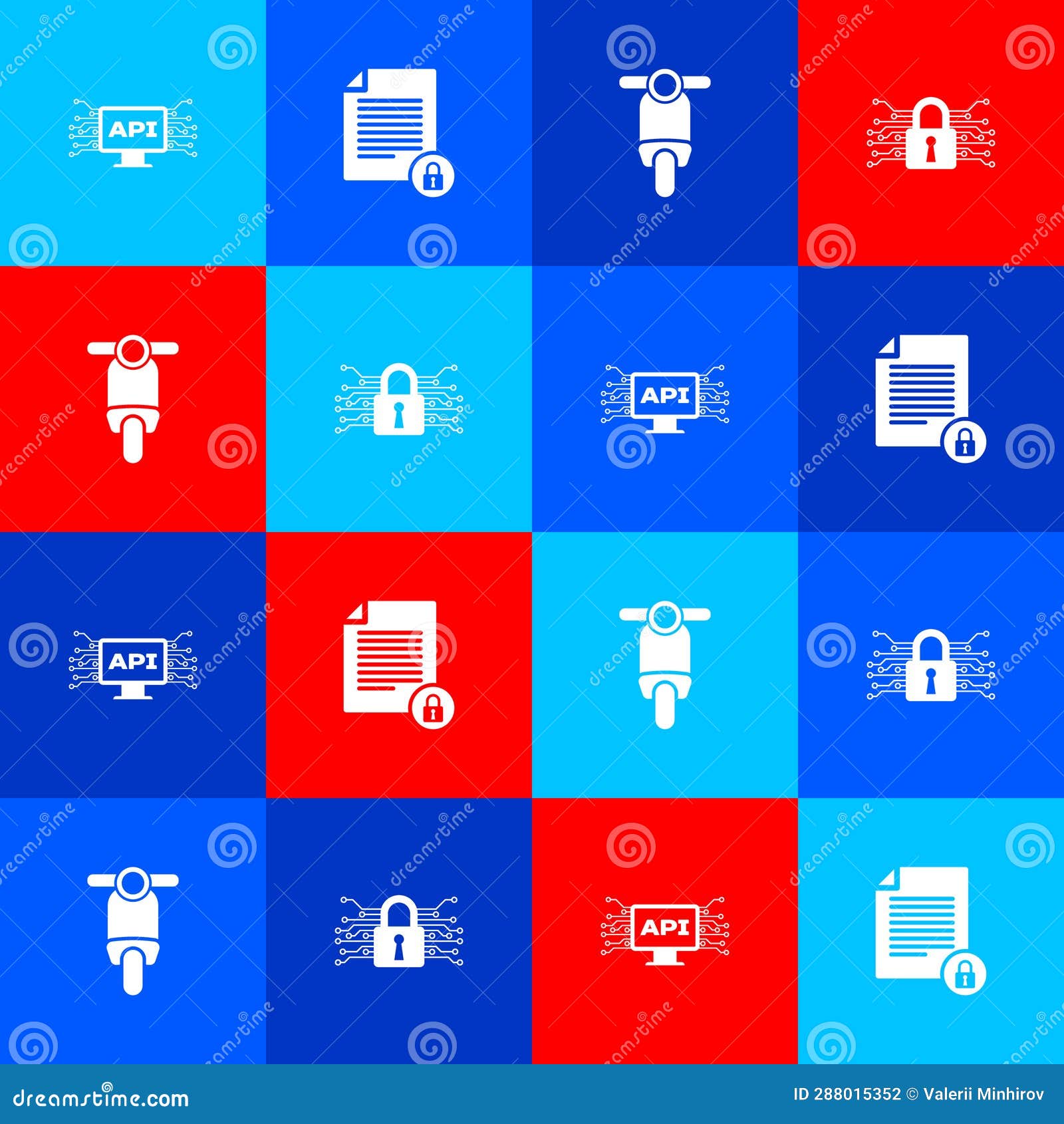 Set Computer Api Interface, Document and Lock, Scooter and Cyber Security Icon. Vector Stock ...