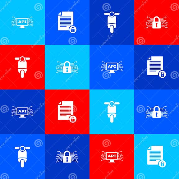 Set Computer Api Interface, Document and Lock, Scooter and Cyber Security Icon. Vector Stock ...
