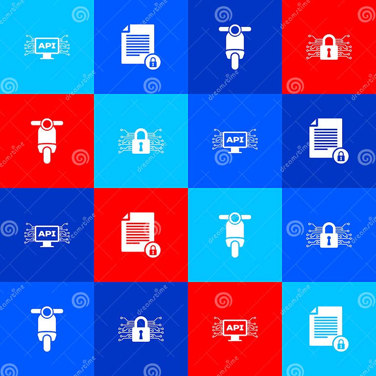 Set Computer Api Interface Document And Lock Scooter And Cyber Security Icon Vector Stock 