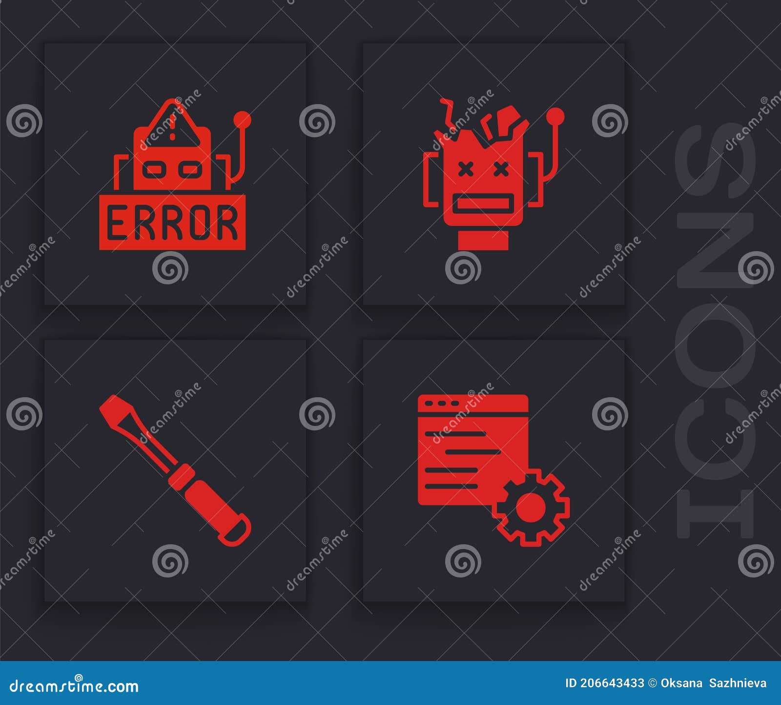 Set Computer Api Interface Error Robot Broken And Screwdriver Icon 0278