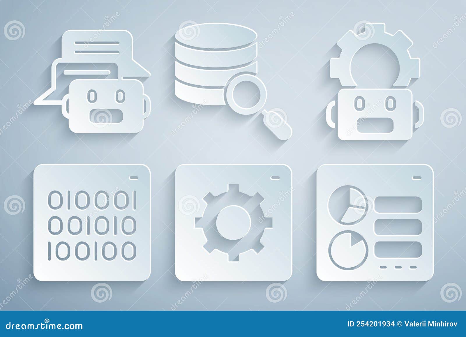 Set Computer Api Interface Robot Setting Binary Code Server And Chat Icon Vector Stock