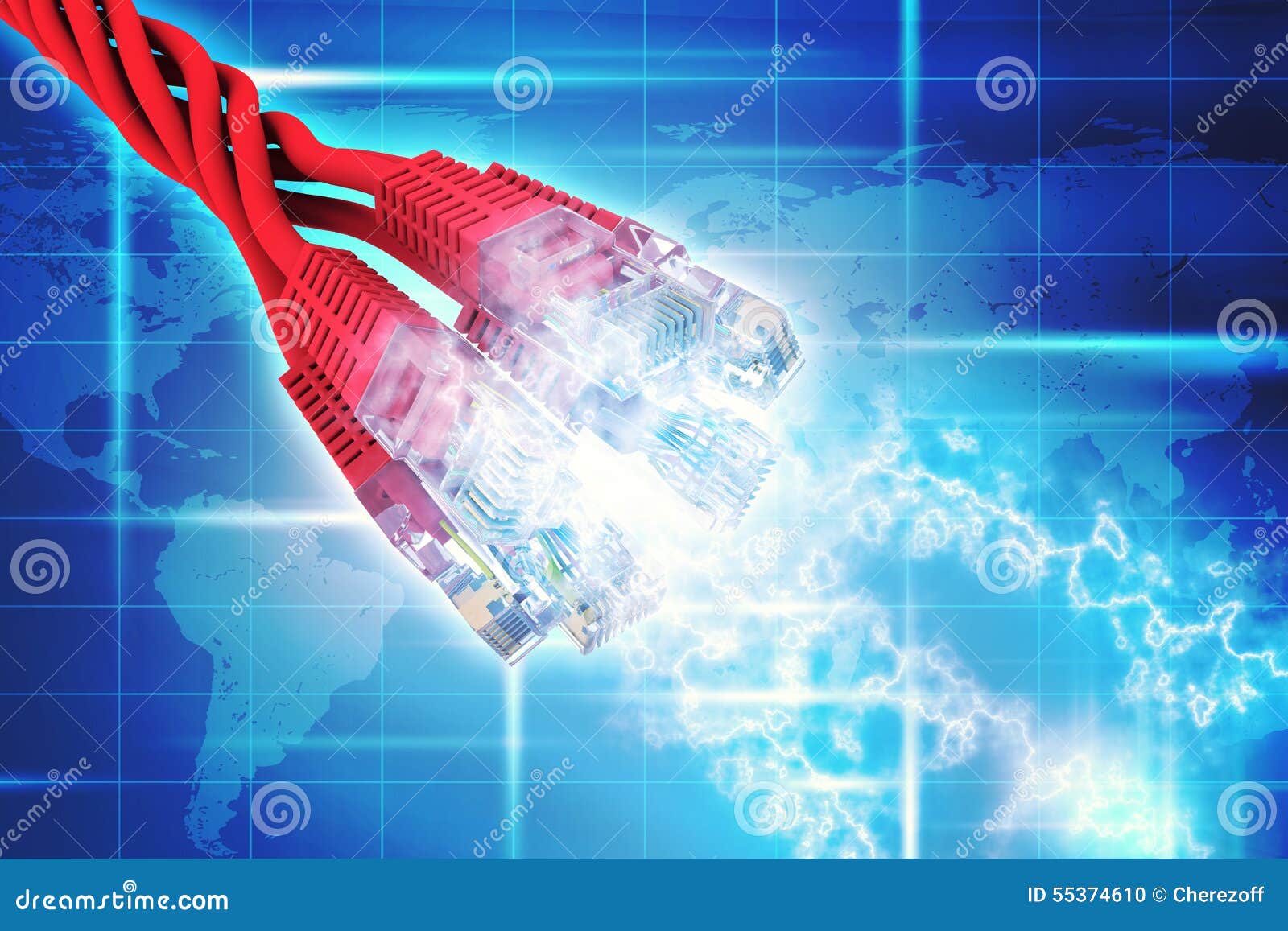 LAN Cables With World Map On Light Blue Background, Connection And ...