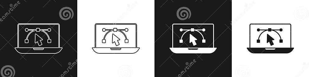 Set Computer Display with Vector Design Program Icon Isolated on Isolated on Black and White ...