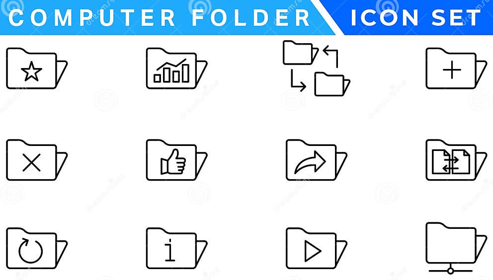 Set of Computer Folder Icons Symbol Pc File or Document Search, Checkmark, Cross, Upload Icon ...