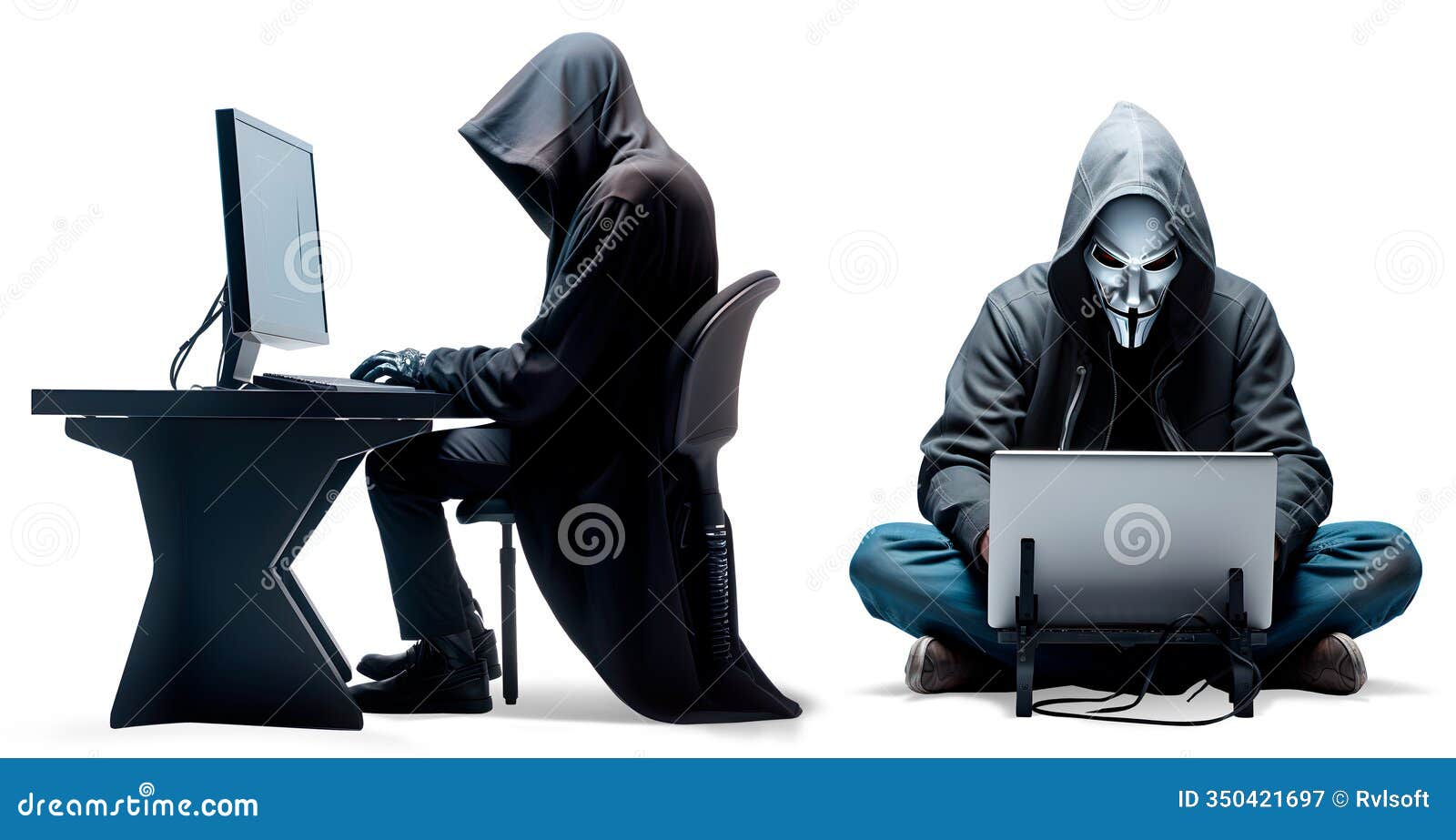 Set of Computer Hackers in Black Clothes Sitting with Laptop, on ...