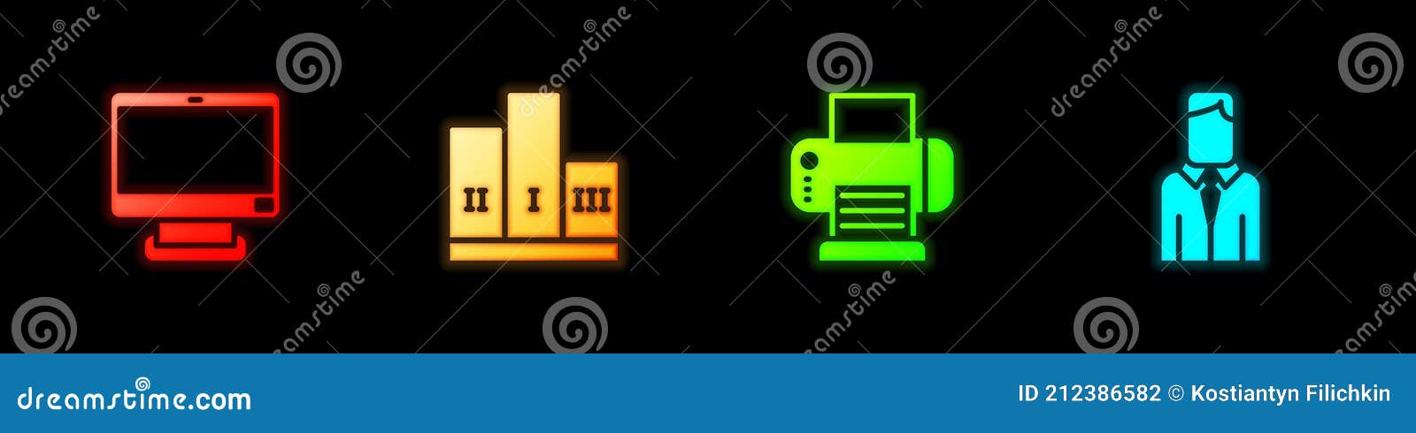 Set Computer Monitor, Award Over Winner Podium, Printer and Worker Icon ...