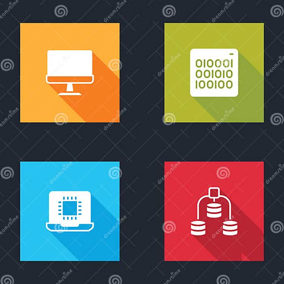 Set Computer Monitor, Binary Code, Processor CPU and Server, Data Icon ...