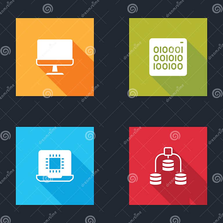 Set Computer Monitor, Binary Code, Processor CPU and Server, Data Icon. Vector Stock Vector ...