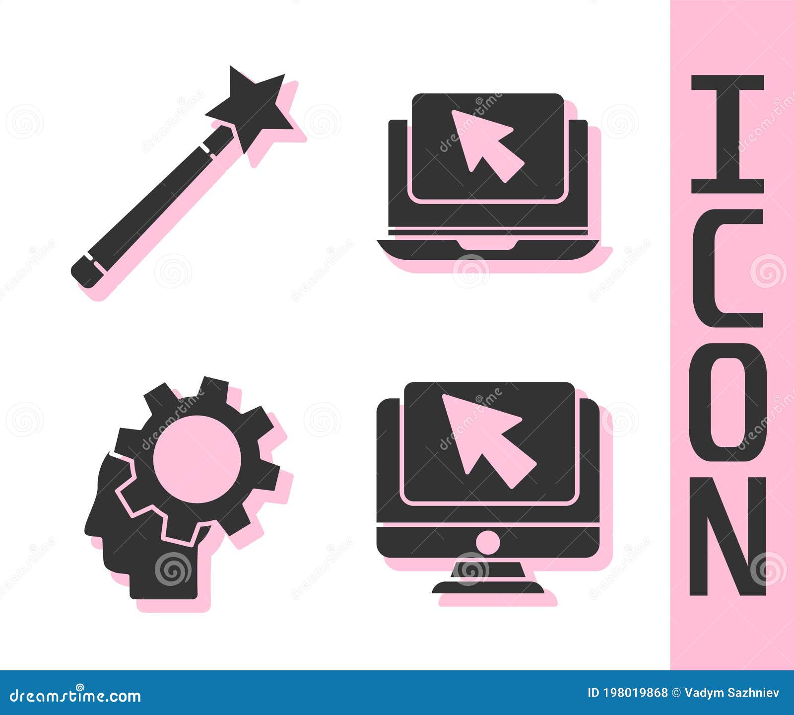 Set Computer Monitor and Cursor, Magic Wand, Human Head with Gear ...