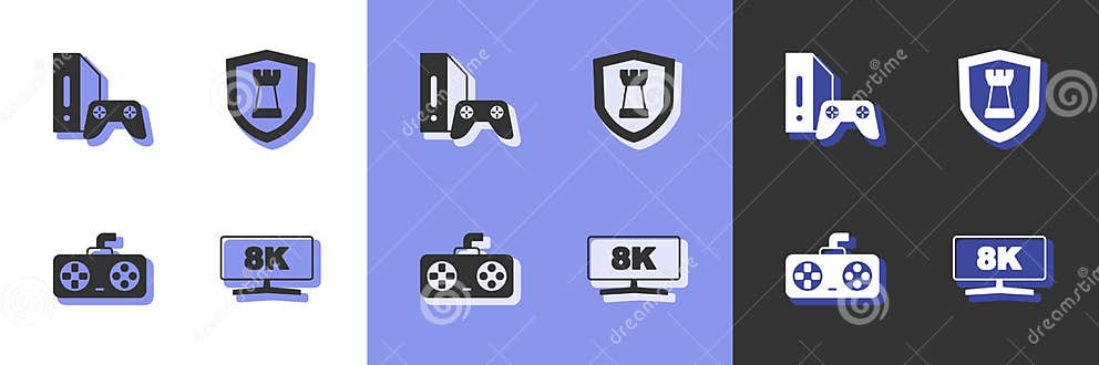 Set Computer Monitor, Game Console with Joystick, Controller and Chess Shield Icon. Vector Stock ...