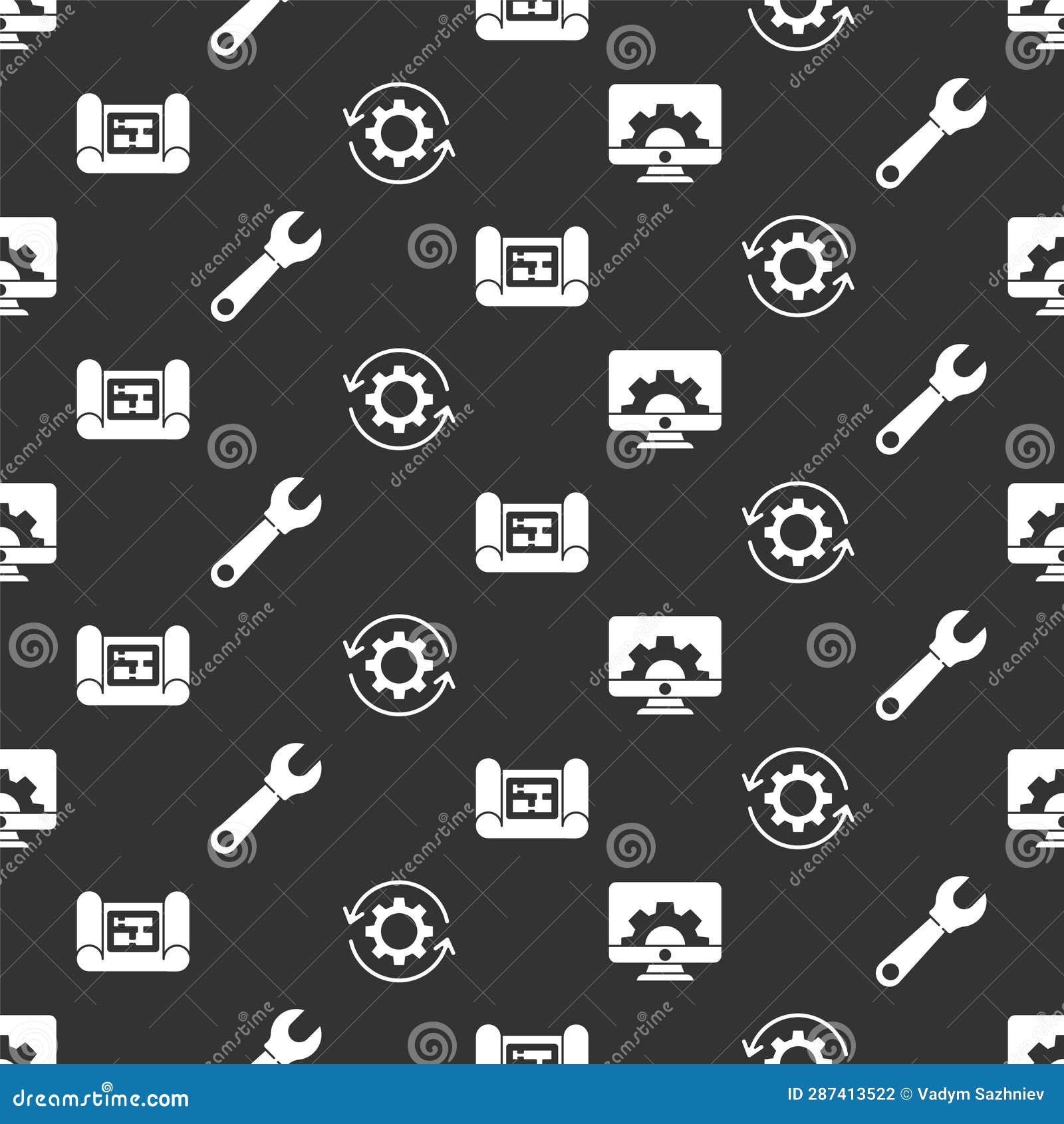 Set Computer Monitor and Gear, Wrench Spanner, House Plan and Gear and ...